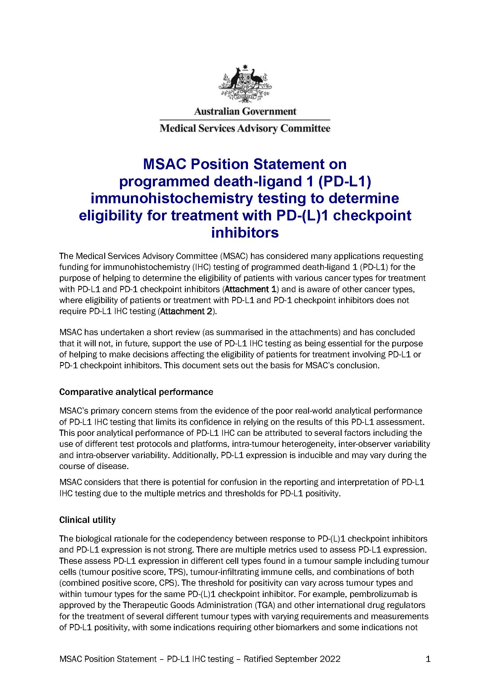MSAC position statement on PD-L1 IHC testing to determine eligibility ...