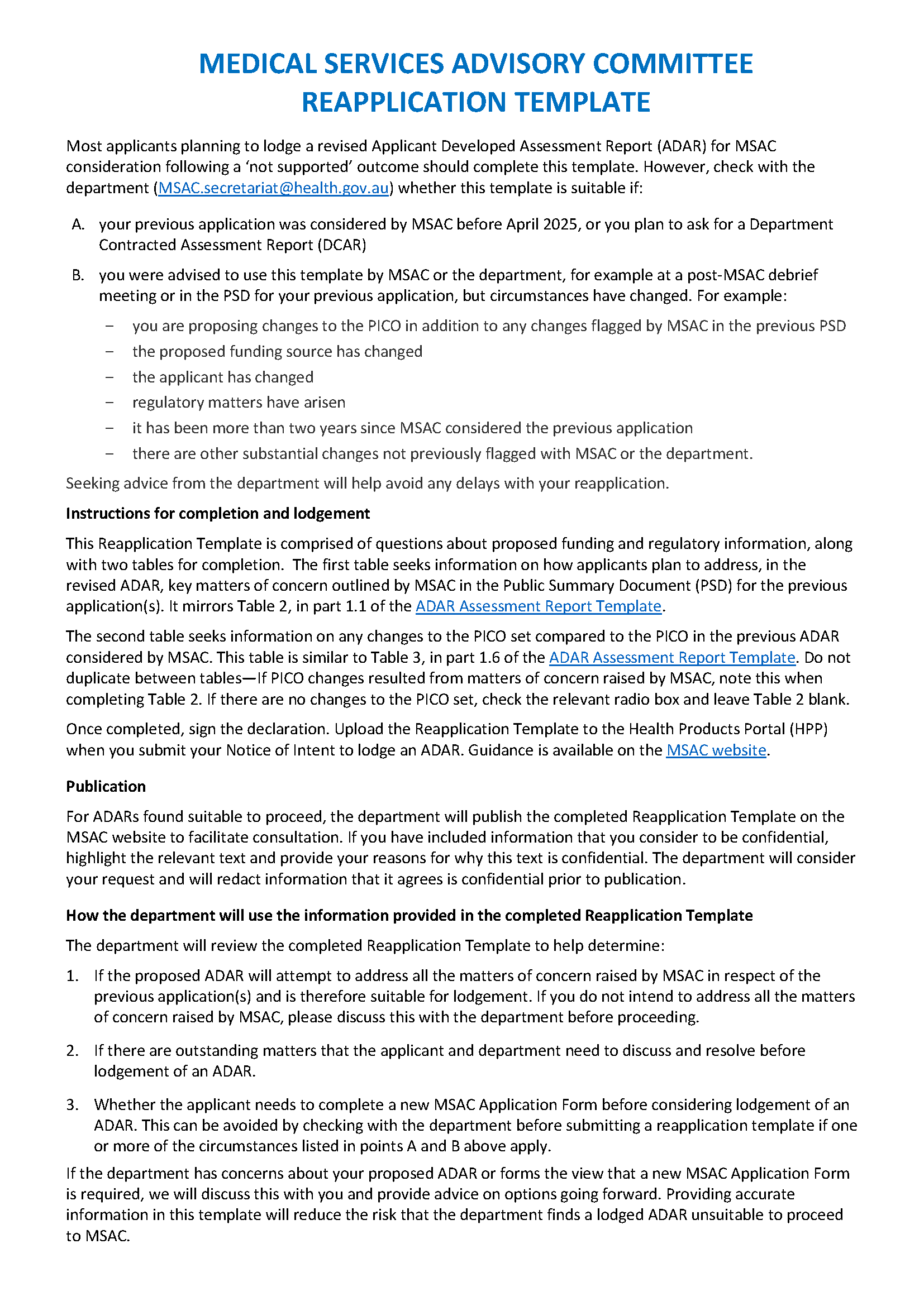 MSAC reapplication template | Medical Services Advisory Committee